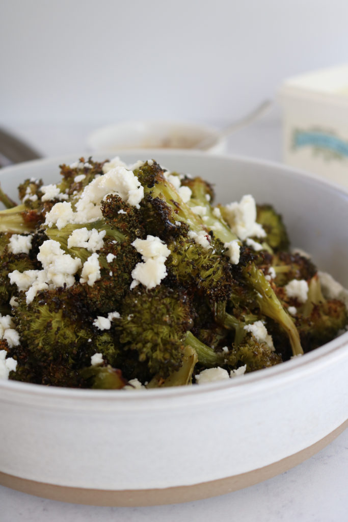 Crispy Roasted Broccoli with hot honey, lemon & feta - Healthy Mama Kris