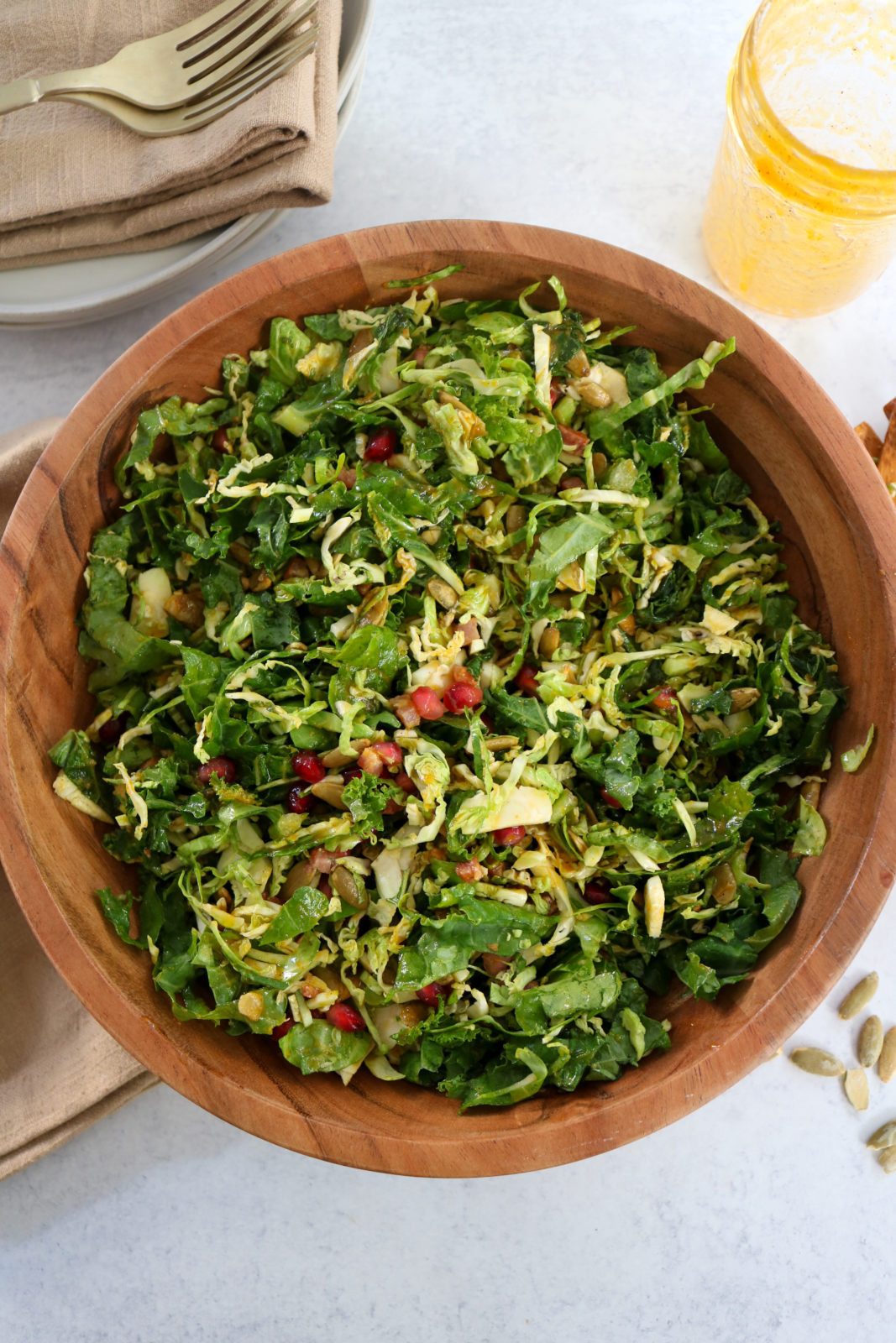 Shredded Brussels, Kale & Pomegranate Salad with pancetta and pumpkin ...