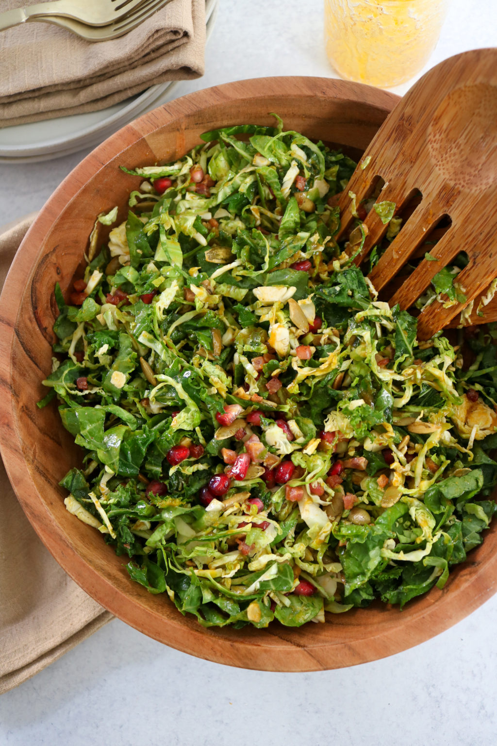 Shredded Brussels, Kale & Pomegranate Salad with pancetta and pumpkin ...